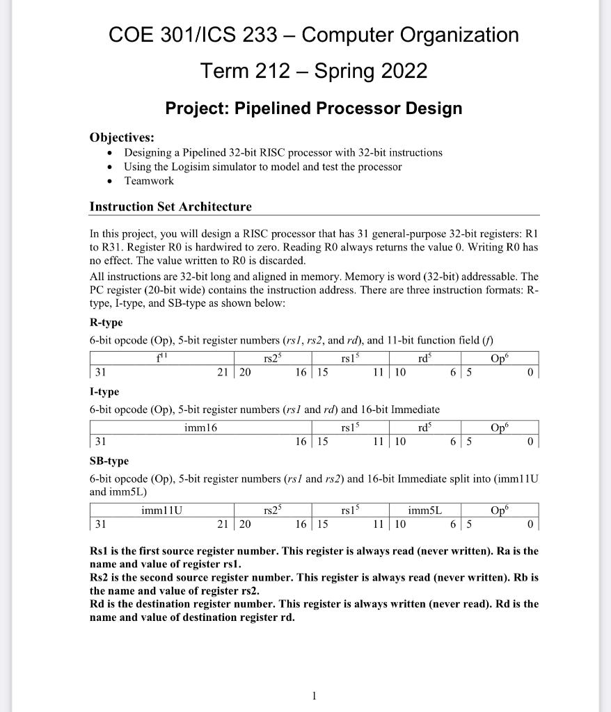 Solved - COE 301/ICS 233 - Computer Organization Term 212 - | Chegg.com
