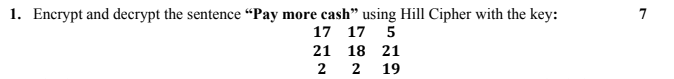 Solved 7 1. Encrypt and decrypt the sentence “Pay more cash” | Chegg.com
