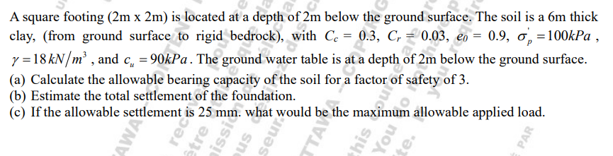 Solved A square footing (2m×2m) is ﻿located at ﻿a depth | Chegg.com