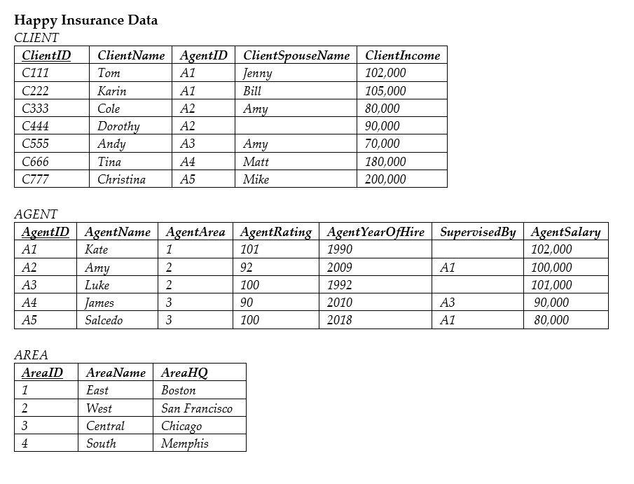Solved Happy Insurance Data CLIENT ClientID ClientName | Chegg.com