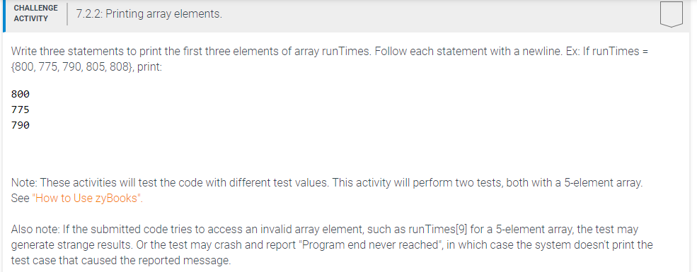 Solved CHALLENGE ACTIVITY 7.2.2: Printing array elements. | Chegg.com