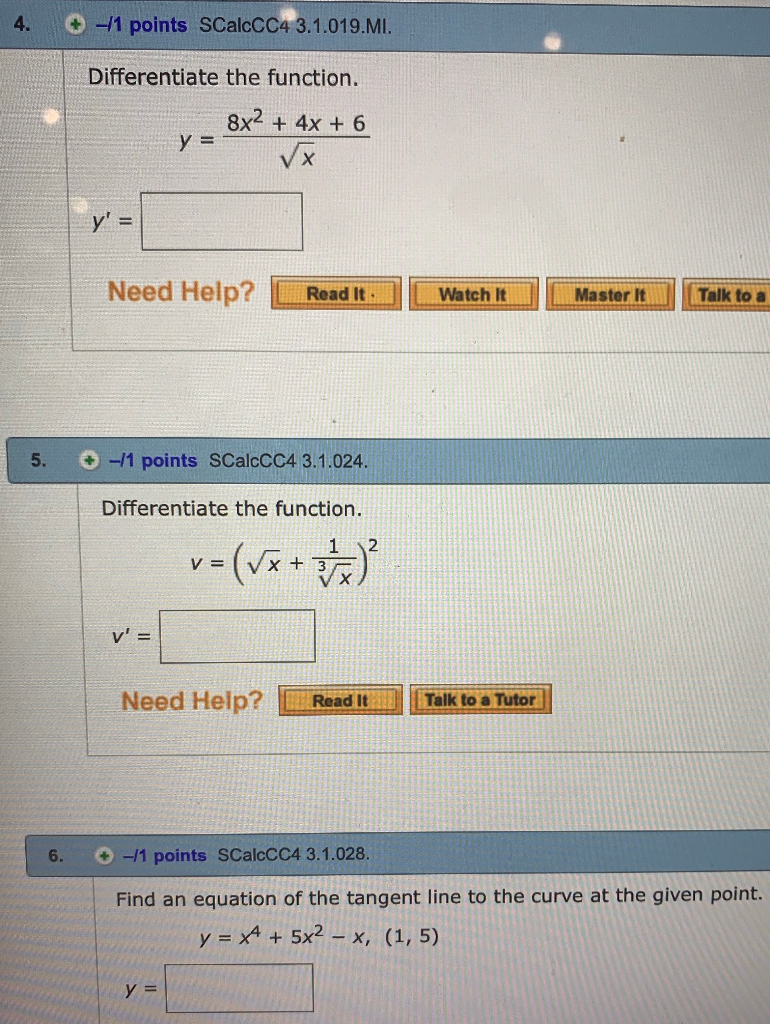 Solved -1 points SCalcCC4 3.1.019.MI. Differentiate the | Chegg.com Solved -1 points SCalcCC4 3.1.019.MI. Differentiate the | Chegg.com