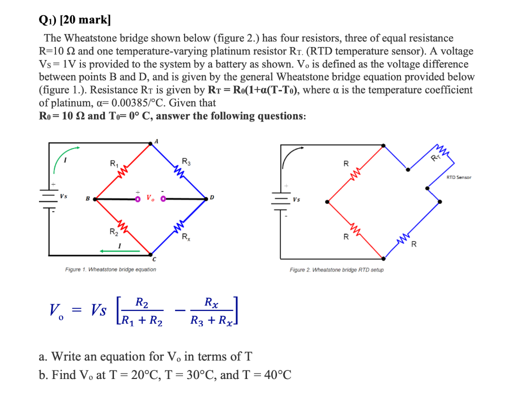 Solved Q1) [20 mark] The Wheatstone bridge shown below | Chegg.com