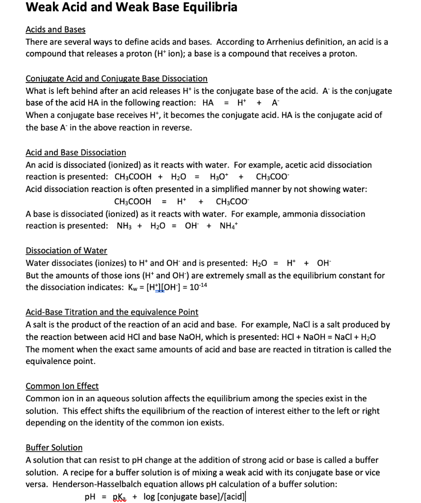 Solved Weak Acid and Weak Base Equilibria Acids and Bases | Chegg.com