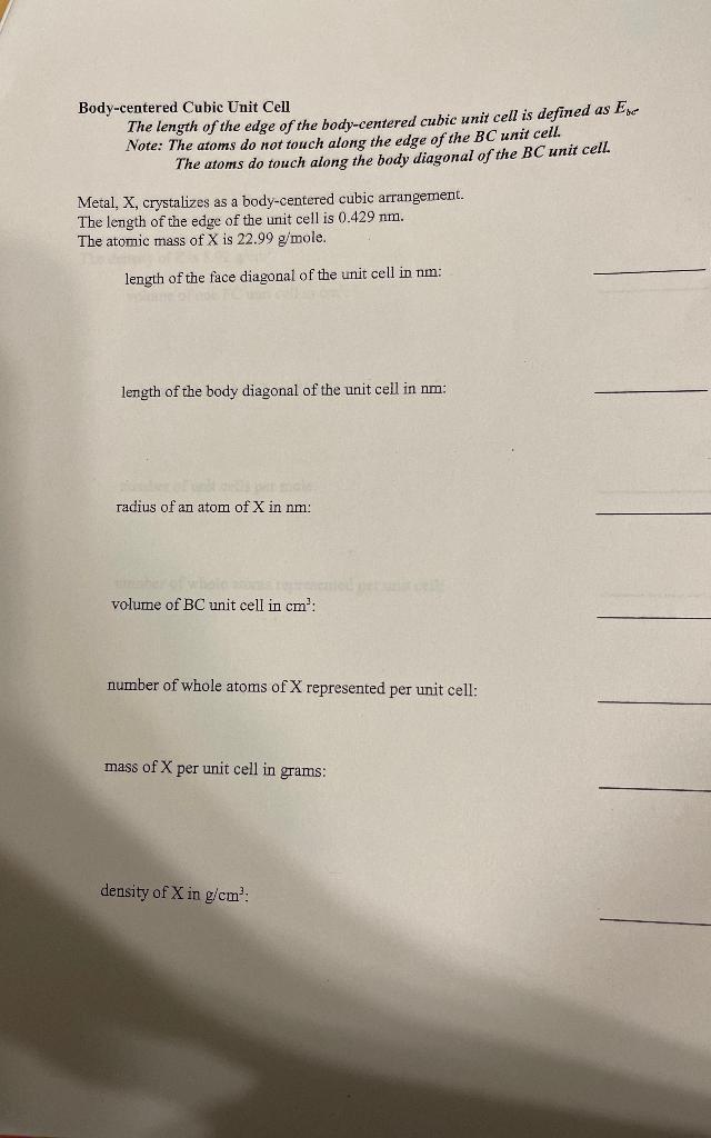 Solved Body-centered Cubic Unit Cell The length of the edge | Chegg.com