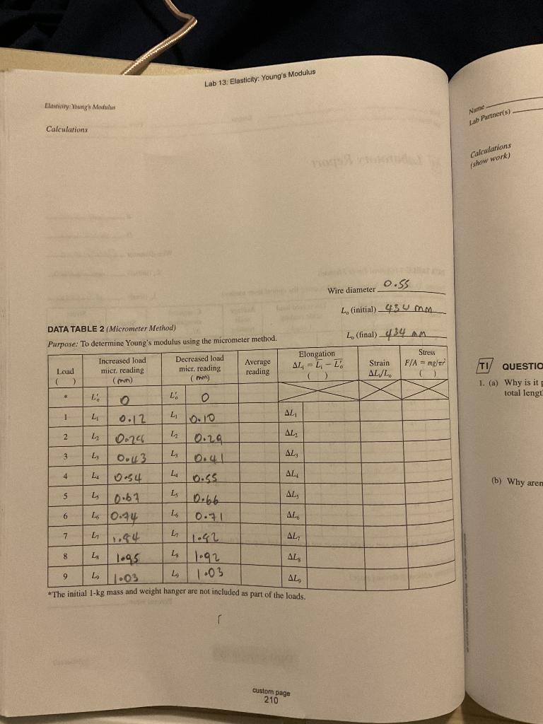 W्रTA TABLE 1 (Optical Lever Method) L0 (initial) 434 | Chegg.com