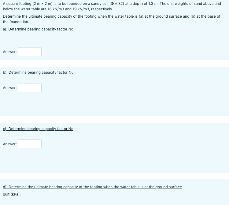 Solved A square footing (2 mx 2 m) is to be founded on a | Chegg.com