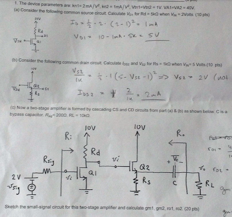 Solved 1. The device parameters are: kn1=2 mA/V2,kn2=1 | Chegg.com