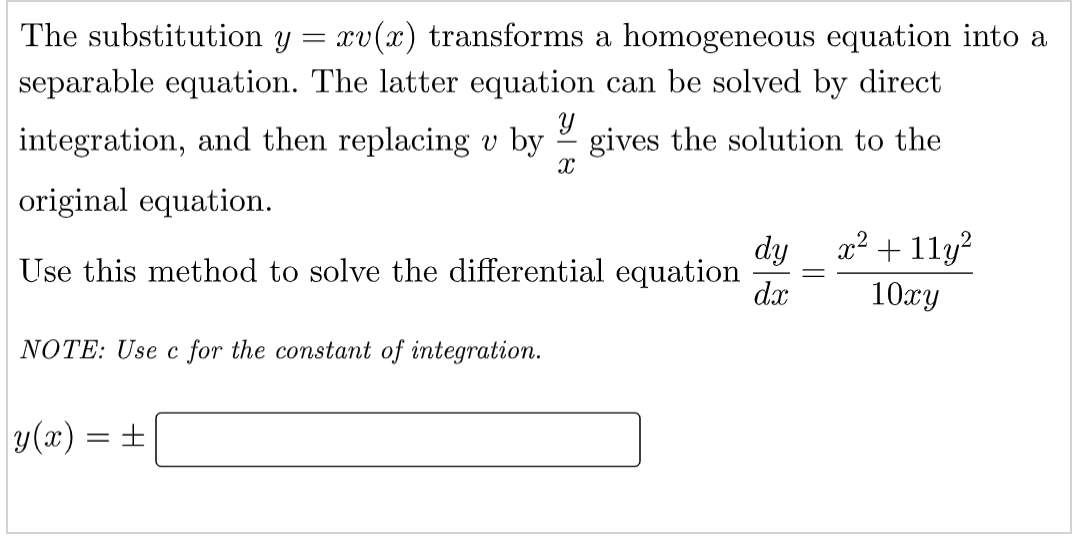Solved The substitution y = xy(x) transforms a homogeneous | Chegg.com