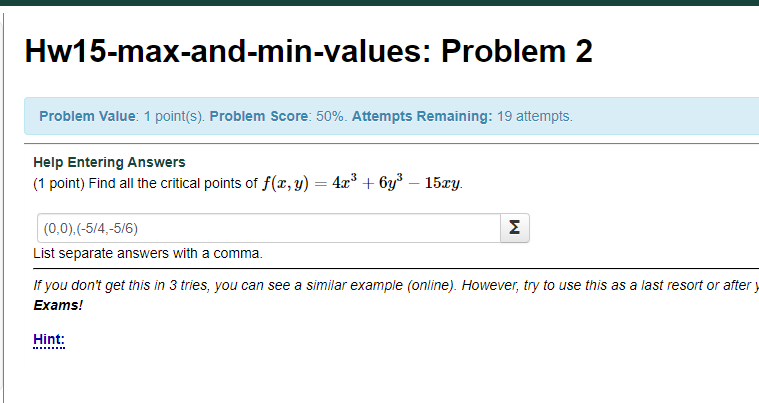 Solved Hw15-max-and-min-values: Problem 2 Problem Value: 1 | Chegg.com
