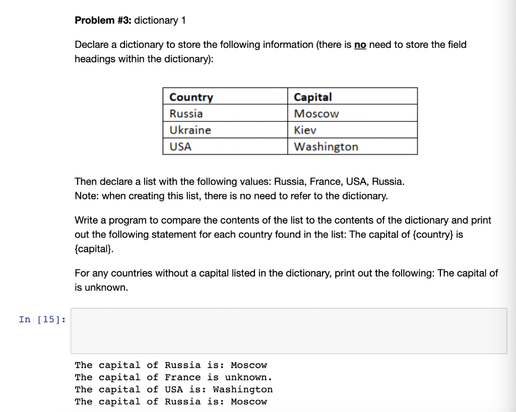 Solved Problem #3: dictionary 1 Declare a dictionary to | Chegg.com