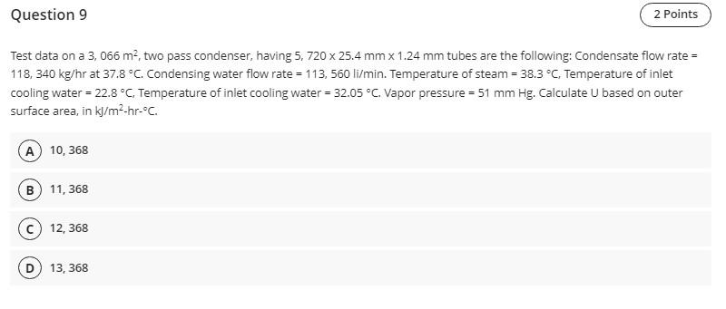Solved Test data on a 3, 066 m2, two pass condenser, having | Chegg.com