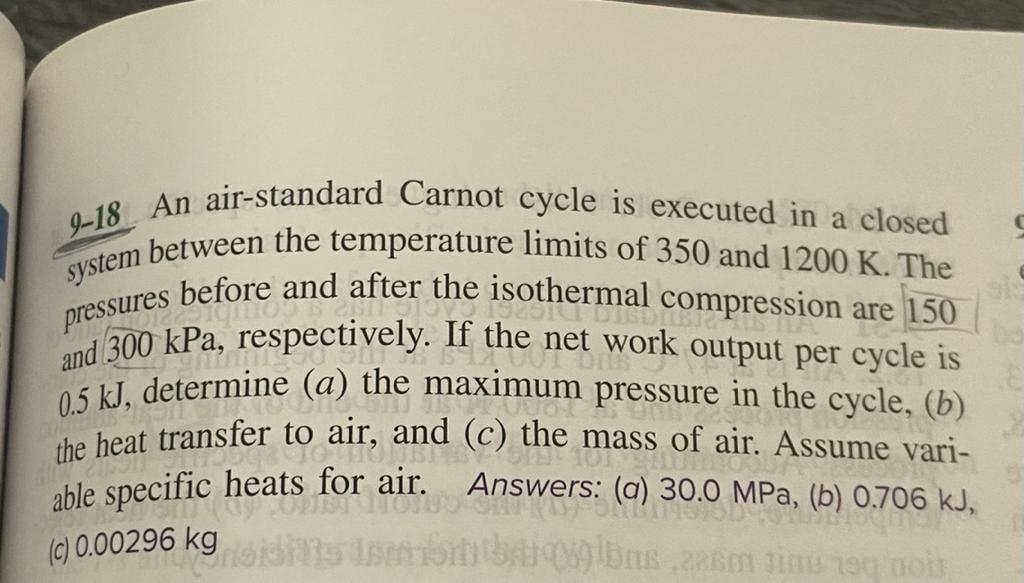 Solved 9-18 An air-standard Carnot cycle is executed in a | Chegg.com