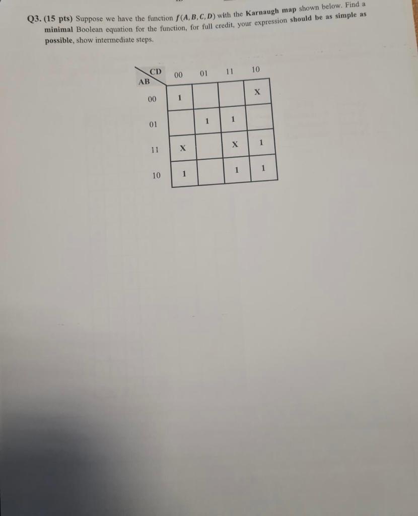 Solved Q3. (15 pts) Suppose we have the function f(A,B,C,D) | Chegg.com