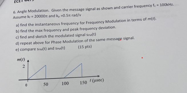 Solved 6 Angle Modulation Given The Message Signal As