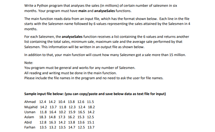 Solved Write a Python program that analyses the sales (in | Chegg.com