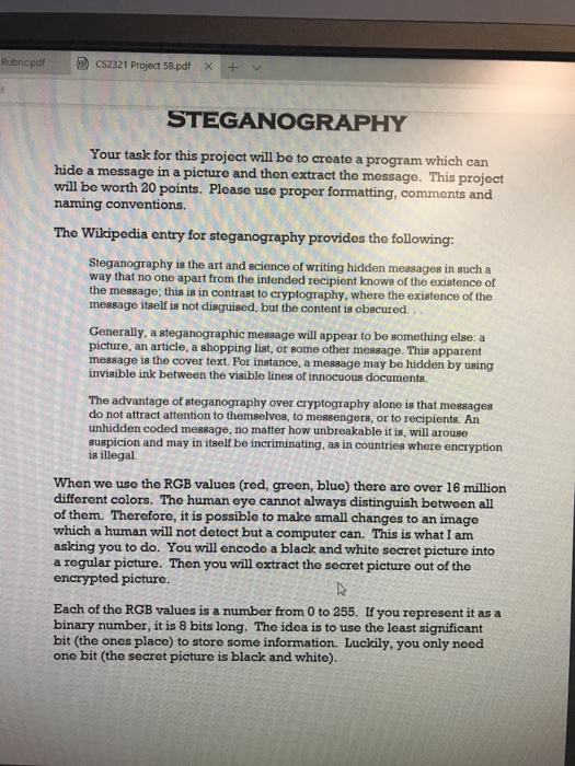 Solved RubricpdfCS2321 Project 5B.pdf X+ STEGANOGRAPHY Your | Chegg.com