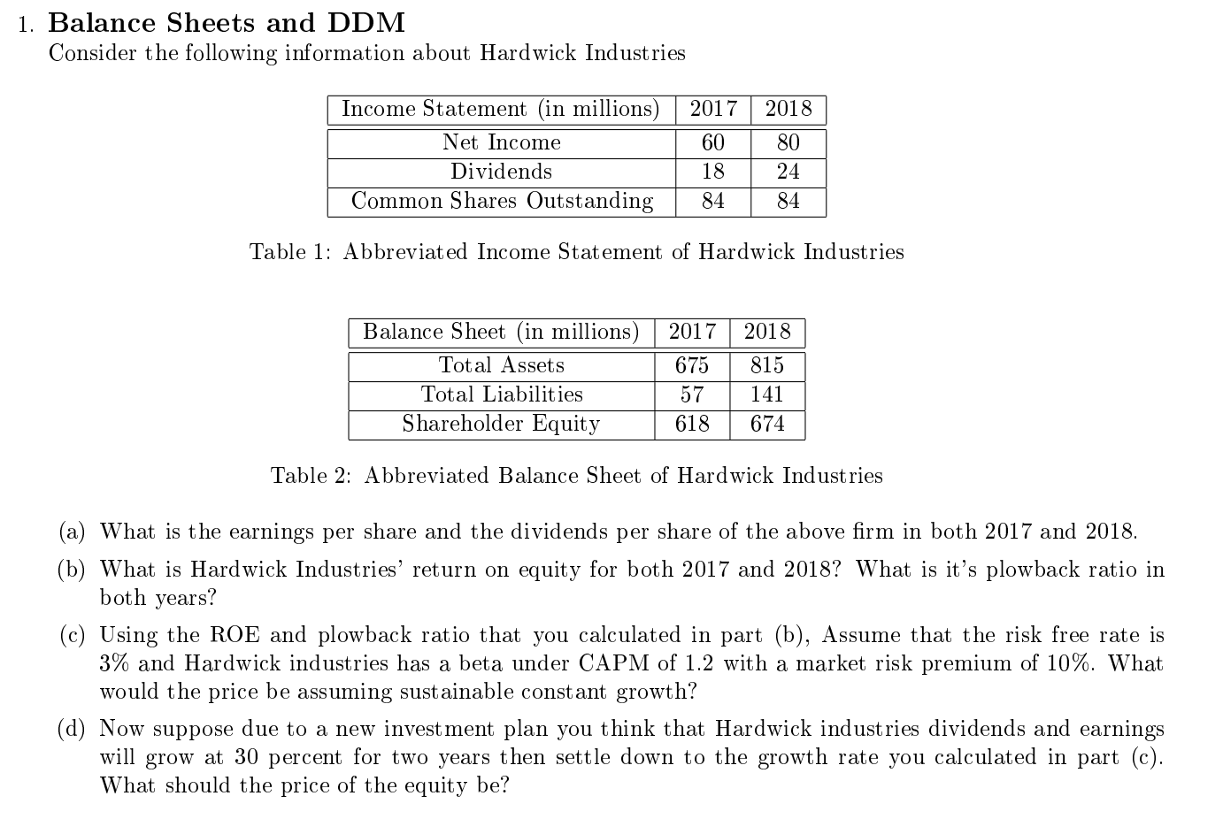 Solved 1. Balance Sheets and DDM Consider the following | Chegg.com