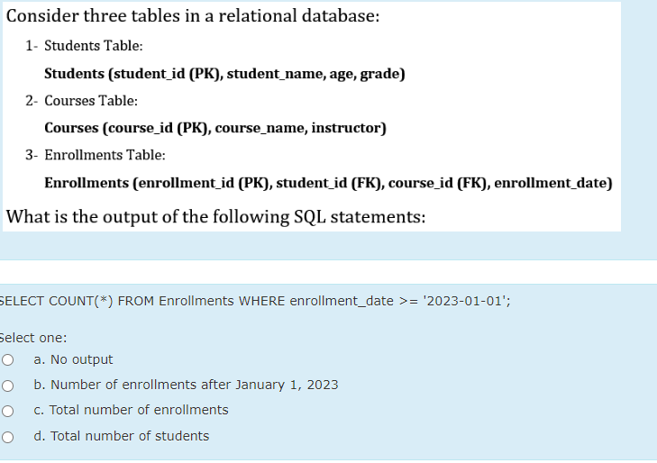 Solved SELECT COUNT(*) ﻿FROM Enrollments WHERE | Chegg.com