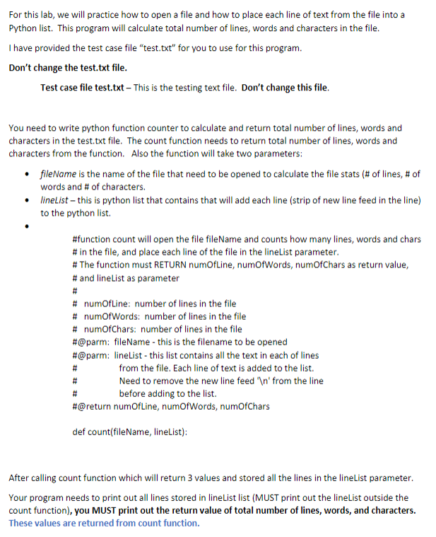 Solved For this lab, we will practice how to open a file and | Chegg.com
