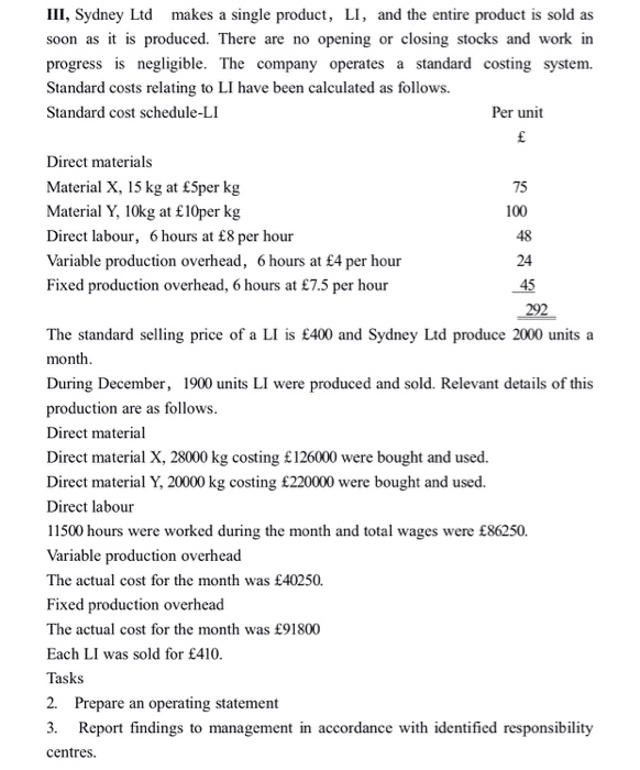 Solved III, Sydney Ltd makes a single product, LI, and the | Chegg.com
