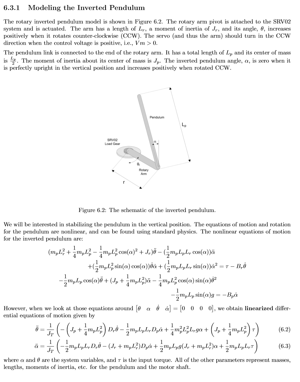 6.3.1 Modeling the Inverted Pendulum The rotary | Chegg.com