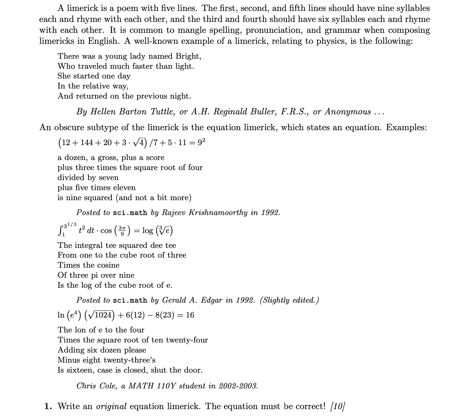Solved A limerick is a poem with five lines. The first, | Chegg.com