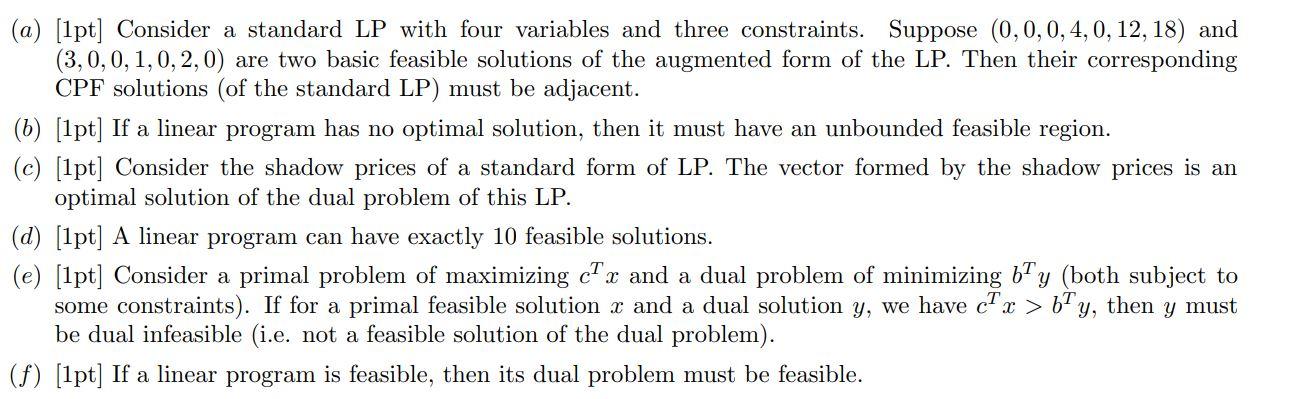 Solved (a) [1pt] Consider a standard LP with four variables | Chegg.com