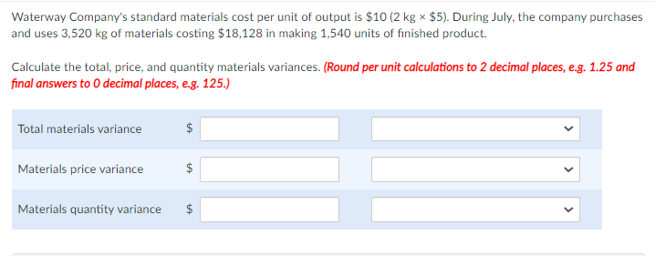 Solved Waterway Company's standard materials cost per unit | Chegg.com