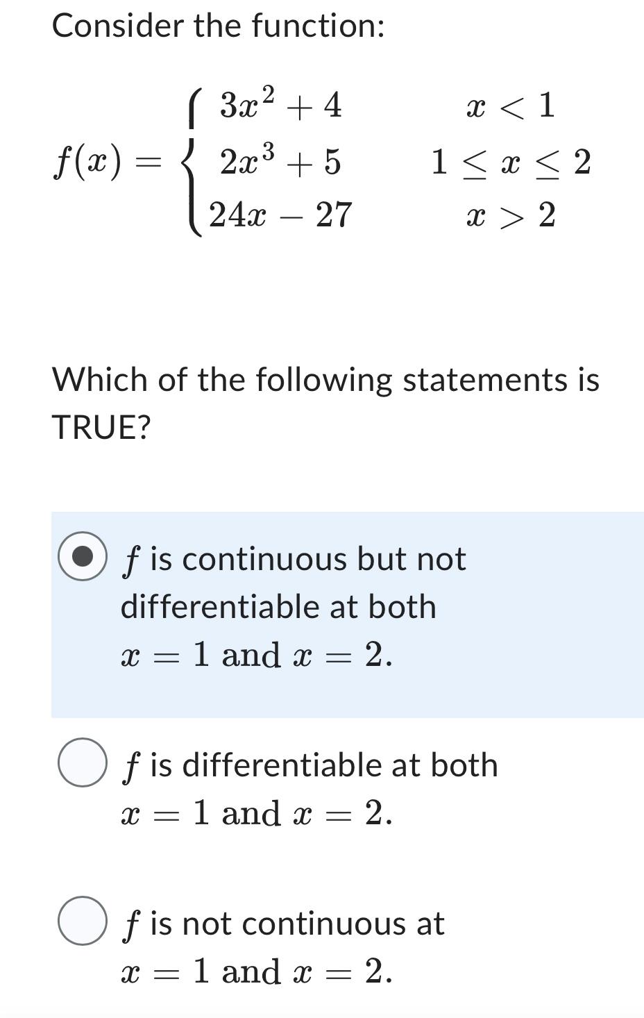 Solved f is continuous but not differentiable at both x=1 | Chegg.com