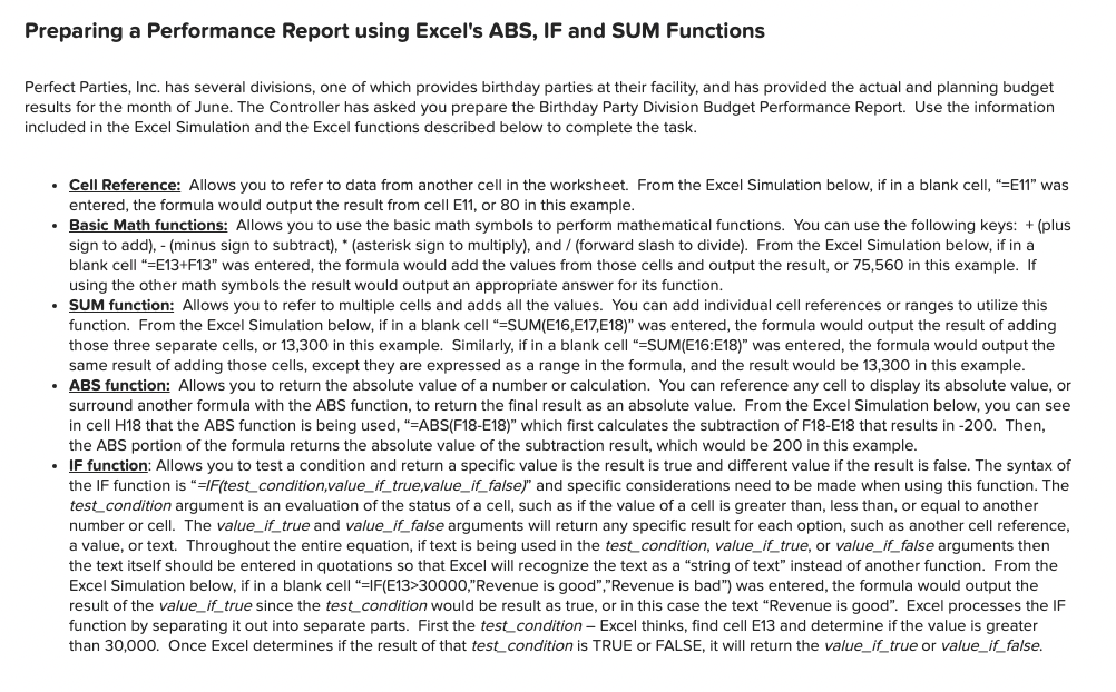 Solved Preparing a Performance Report using Excel's ABS, IF | Chegg.com