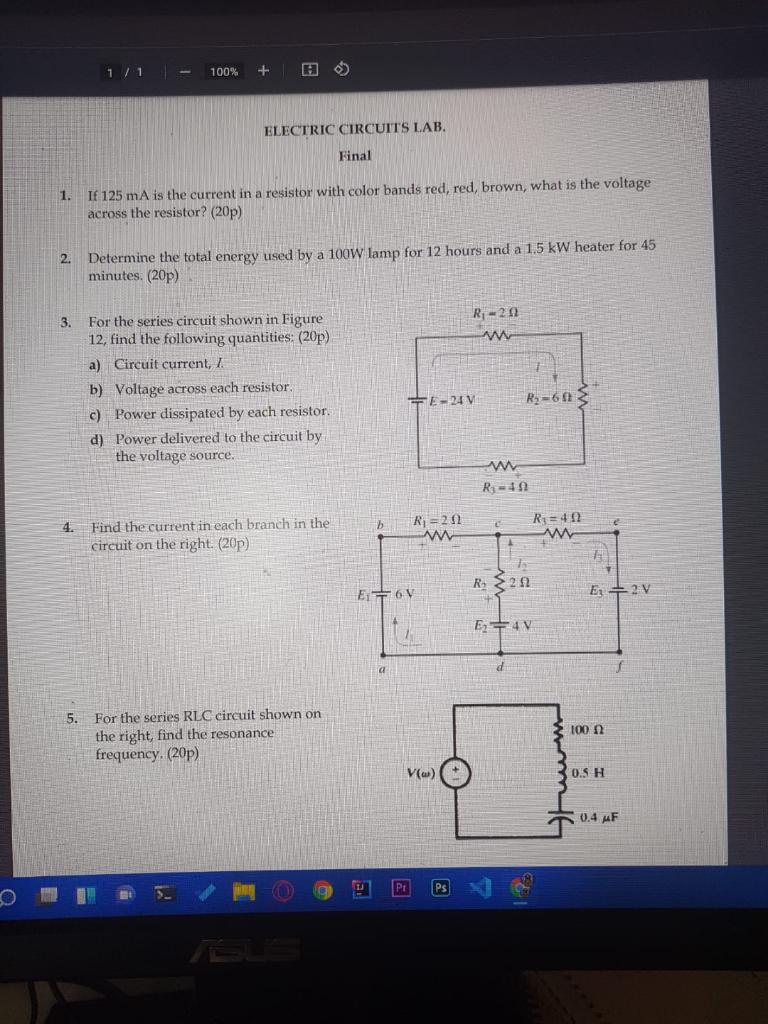 Solved 1 / 1 100% + H ELECTRIC CIRCUITS LAB. Final 1. If 125 | Chegg.com