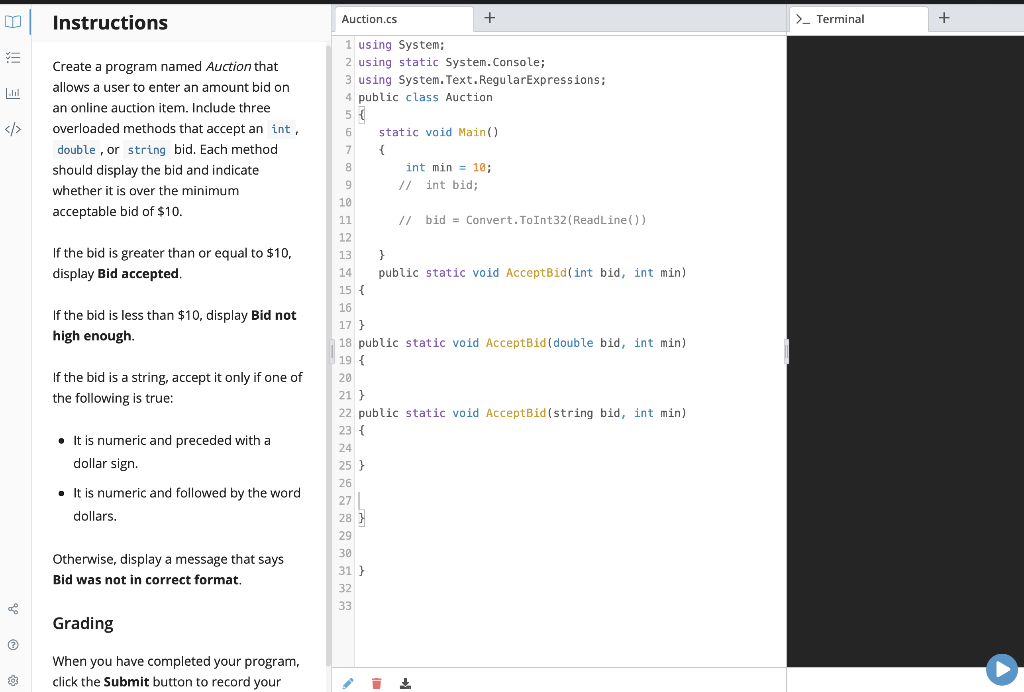 Solved Auction.cs + Instructions + >_ Terminal Create a | Chegg.com