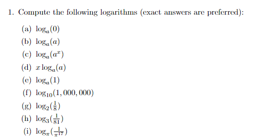 Solved 1. Compute the following logarithms (exact answers | Chegg.com