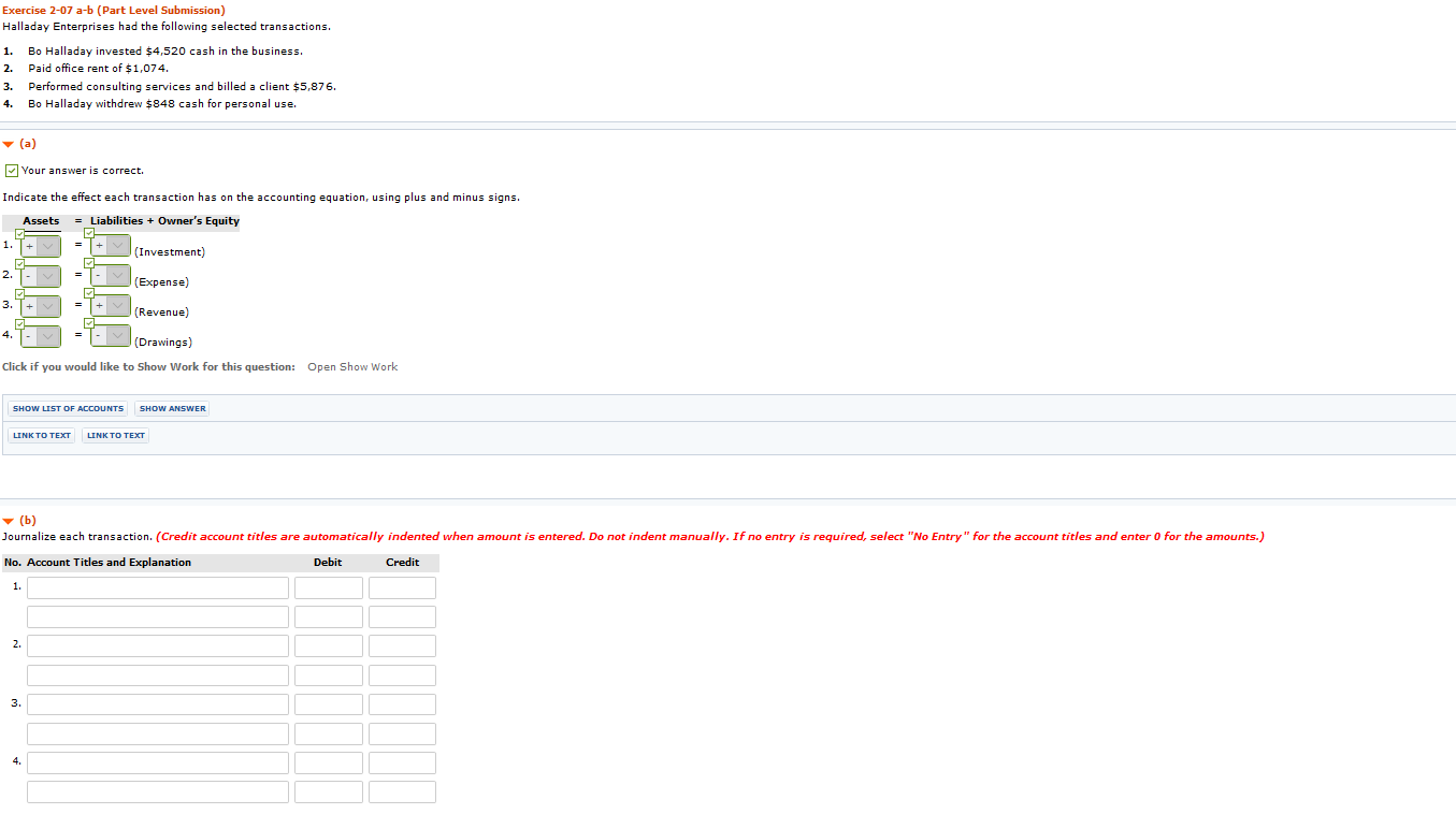 Solved Exercise 2-07 a-b (Part Level Submission) Halladay | Chegg.com