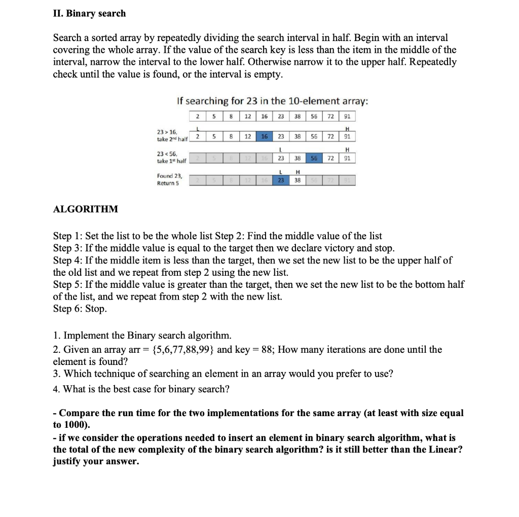 Solved II. Binary search Search a sorted array by repeatedly | Chegg.com