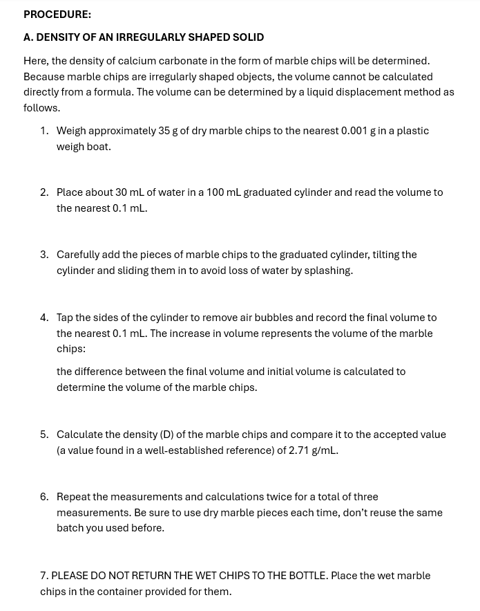 Solved PROCEDURE: Calculate the average density | Chegg.com