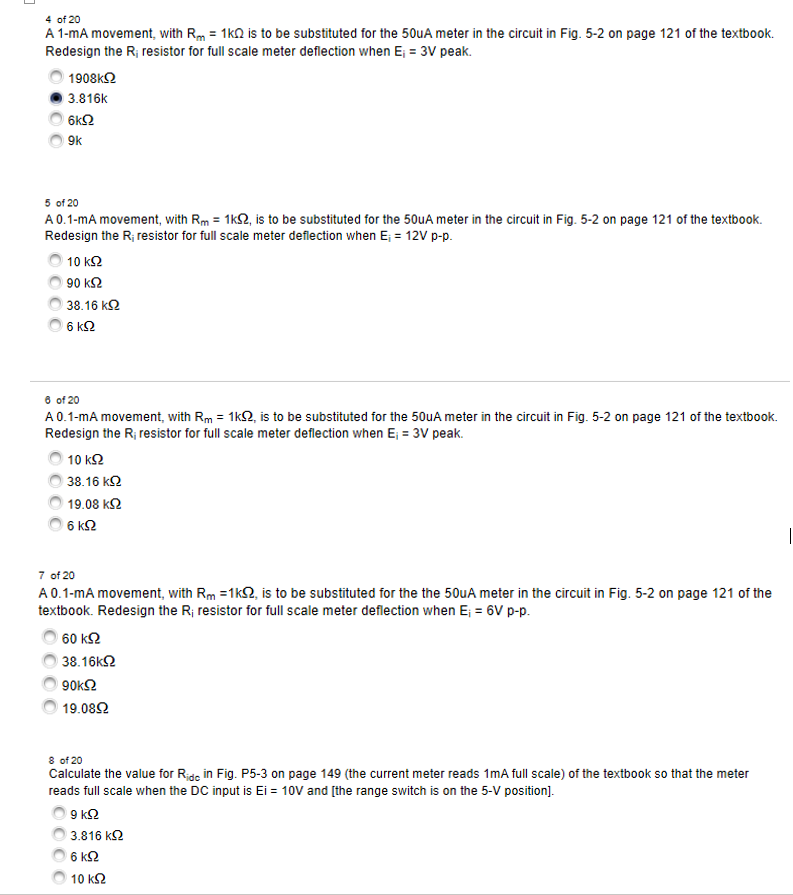 Solved 1 of 20 Re 5㏀. Ei = 2.0v. Rmeter = 10kS2. Calculate | Chegg.com