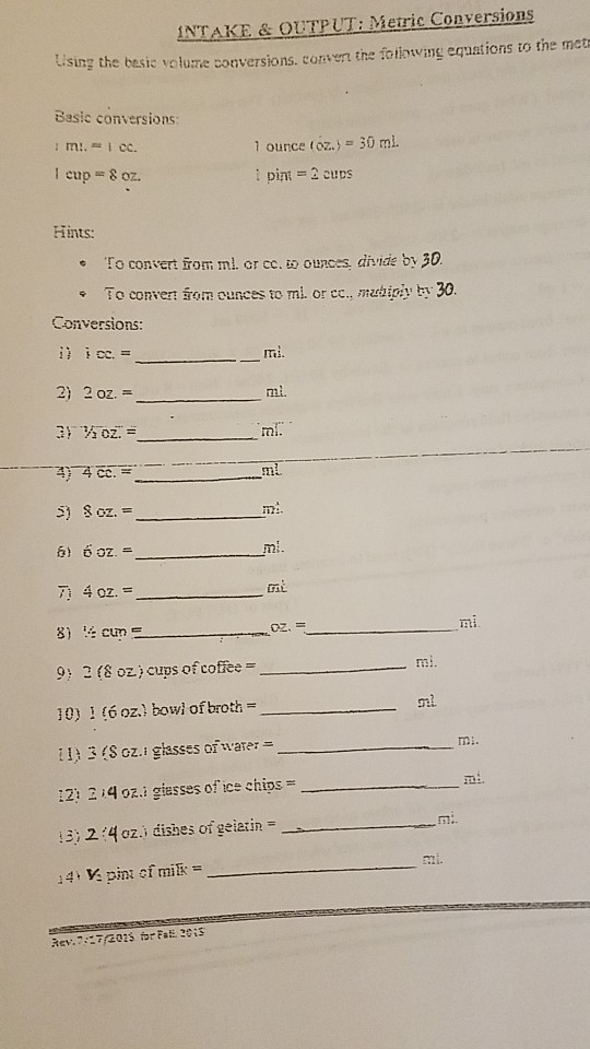 Solved NTAKE &OUTPUT: Metric Conversions Lising the besic | Chegg.com