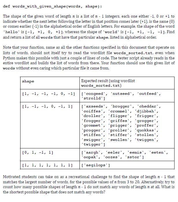 Solved def words_with_given_shape (words, shape): The shape | Chegg.com