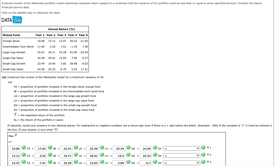 A second version of the Markowitz portfolio model | Chegg.com