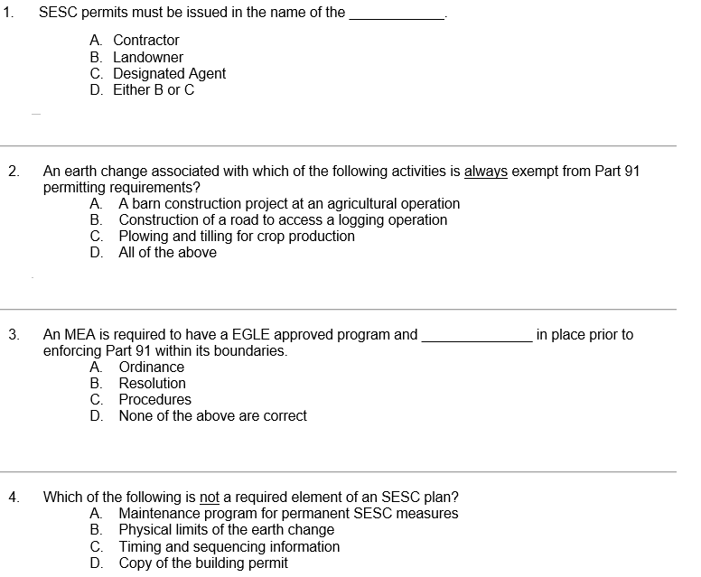 Solved EXAMINATION FOR CERTIFICATION OF SOIL EROSION AND | Chegg.com