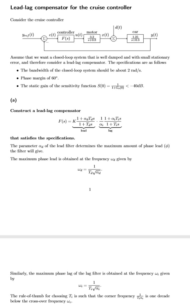 Lead-lag compensator for the cruise controller | Chegg.com