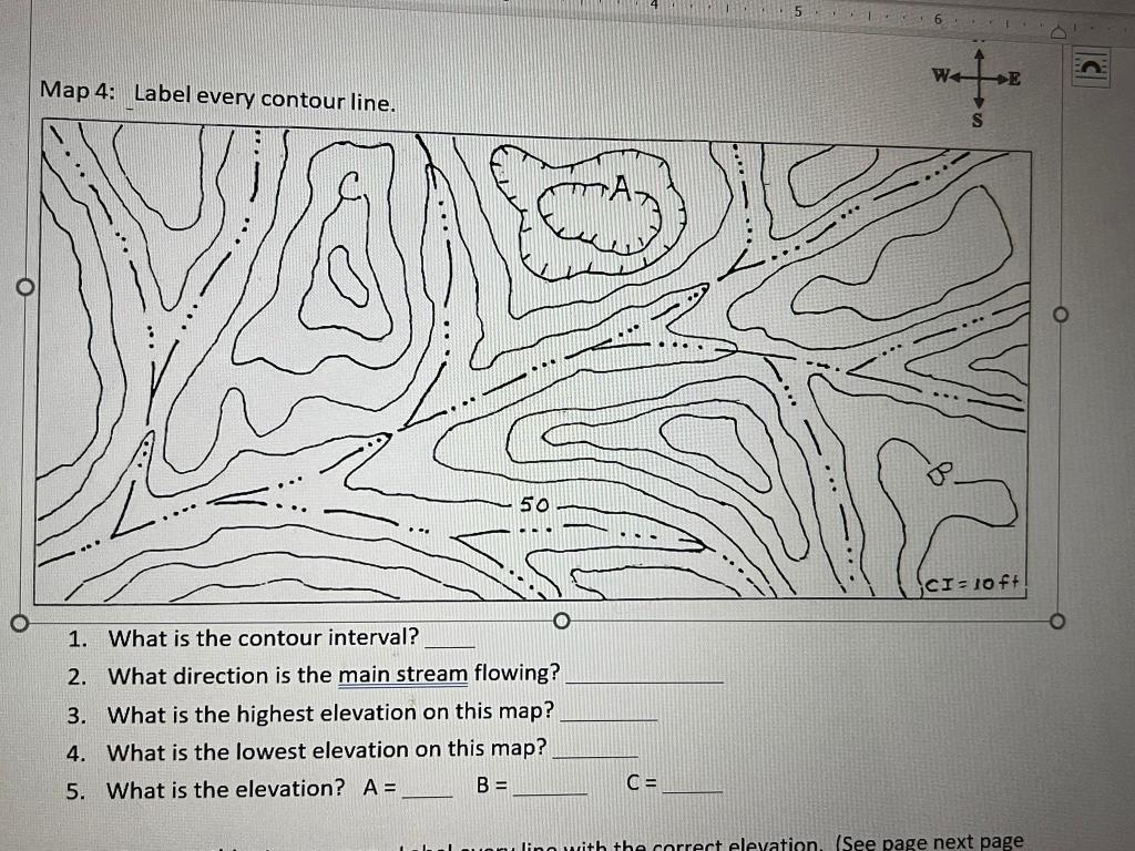 Solved 56 w E Map 4: Label every contour line. ..... 50 | Chegg.com