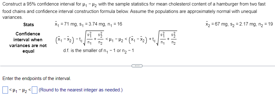 Solved Construct a 95% confidence interval for μ1−μ2 with | Chegg.com