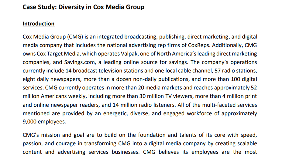 Solved Case Study: Diversity in Cox Media Group Introduction | Chegg.com