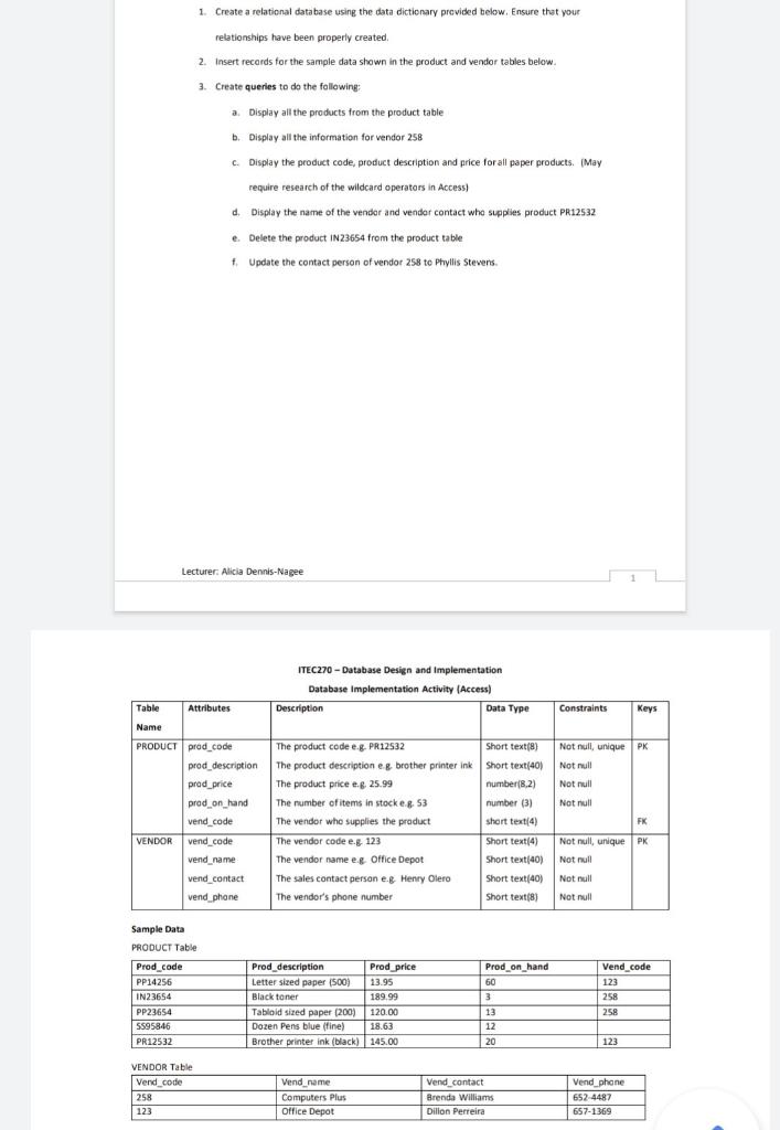 Solved 1. Create a relational database using the data | Chegg.com