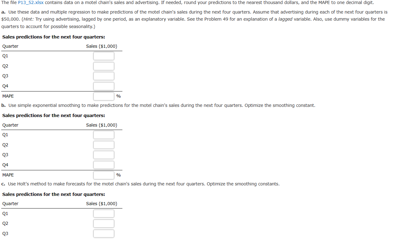 Solved The file P13_52.xIsx contains data on a motel chain's | Chegg.com