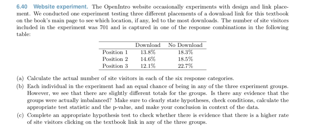 Solved 6.40 Website experiment. The Open Intro website | Chegg.com