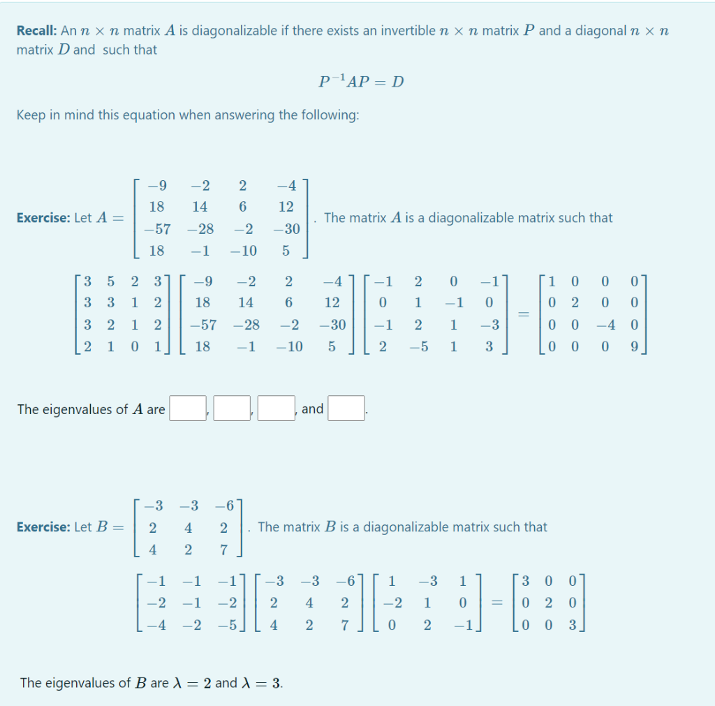 Solved Recall: An n x n matrix A is diagonalizable if there | Chegg.com